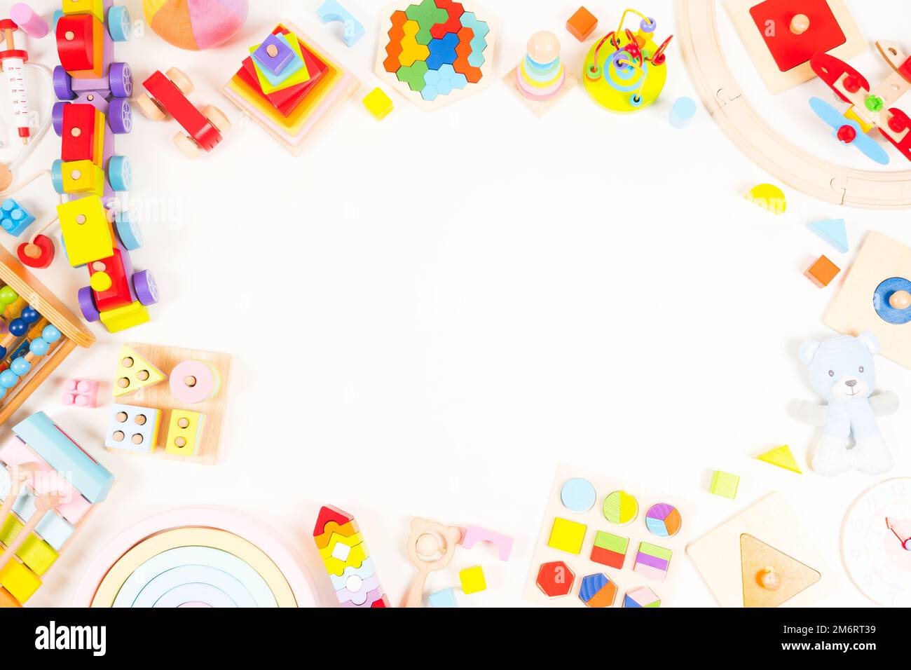 Baby kids toy background. Wooden educational, musical, sensory, sorting ...