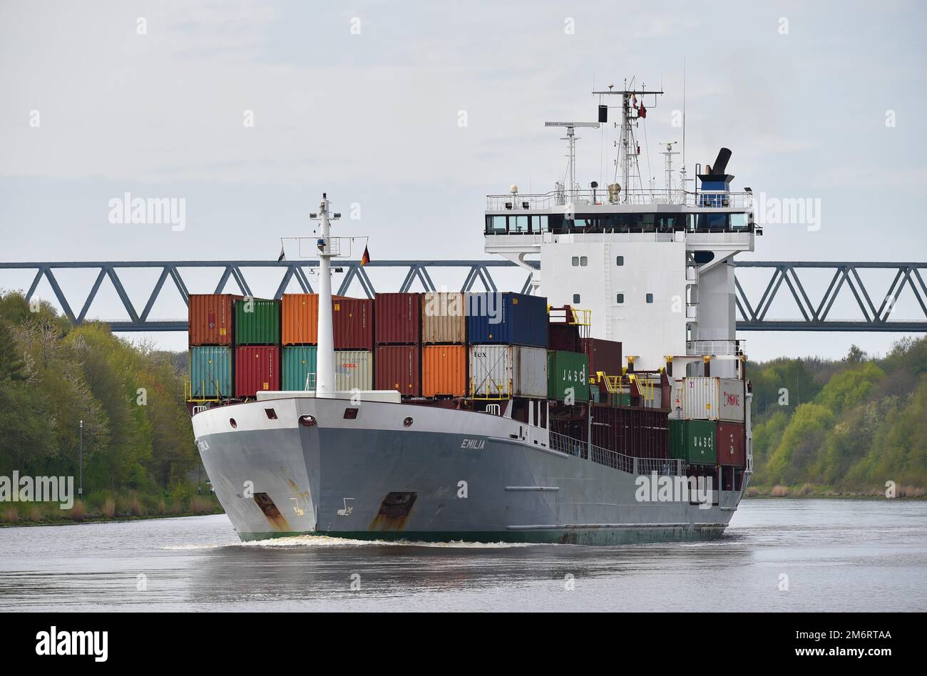 Container ship sailing in the Kiel Canal, Schleswig-Holstein, Germany ...
