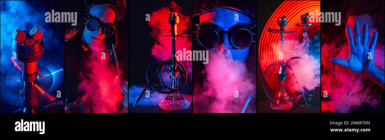 Hookah in smoke with neon light on dark background. Collage of various ...