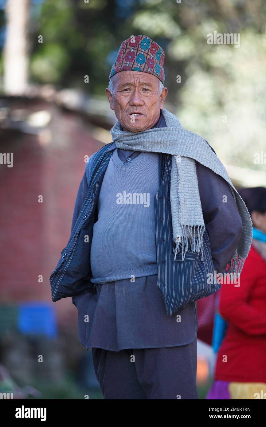 Nepali with Dhaka Topi National Cap, Tamang ethnic group, Nagarkot City ...