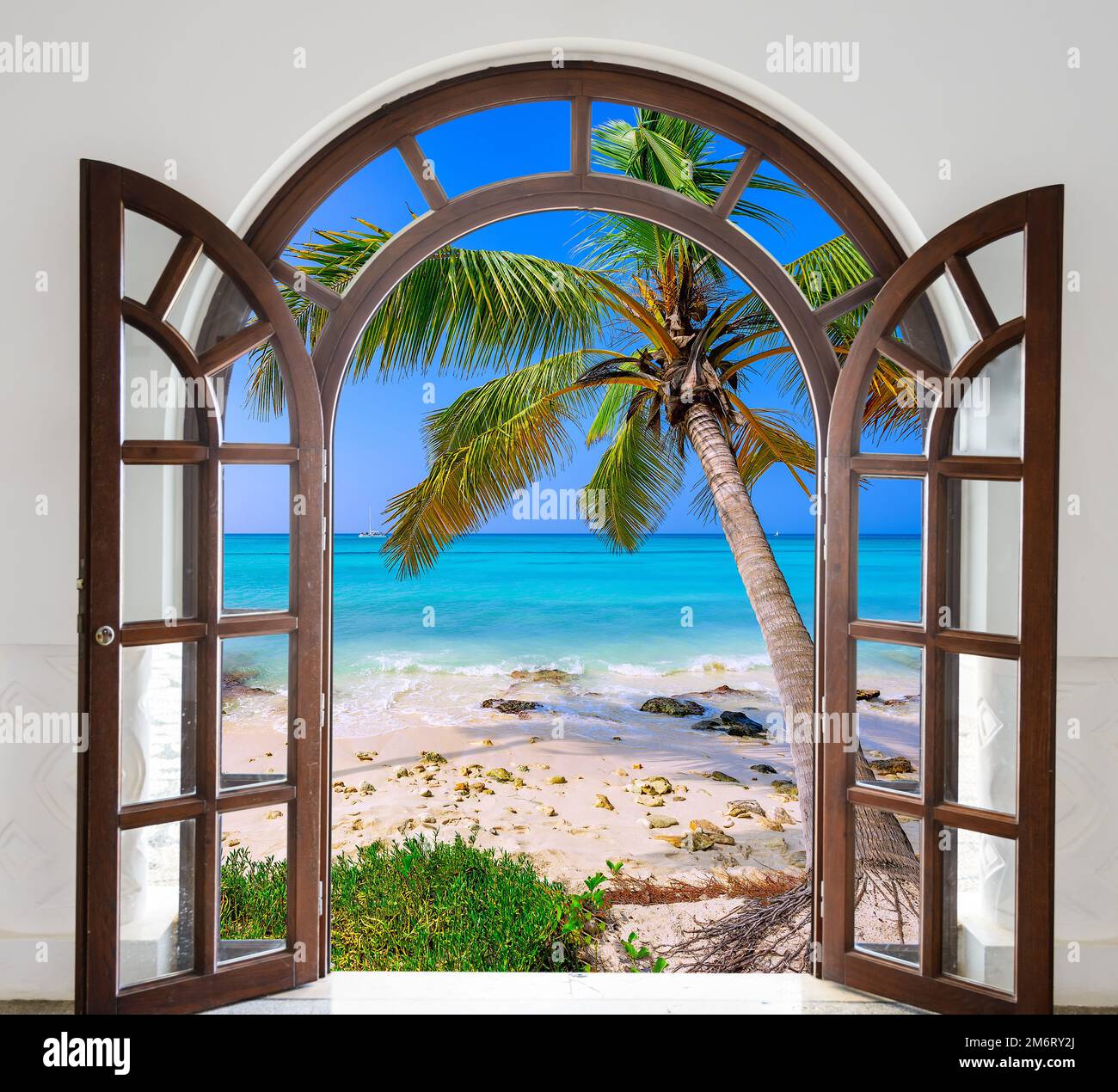 Wooden open door arch exit to the beach caribbean dominican republic ...