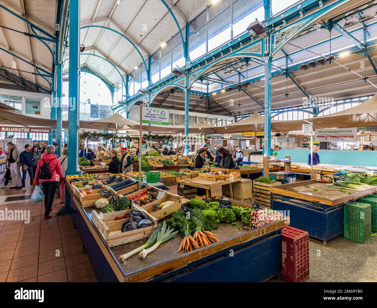 Selling vegetables in the historic market hall, old town, Dijon, Cote ...