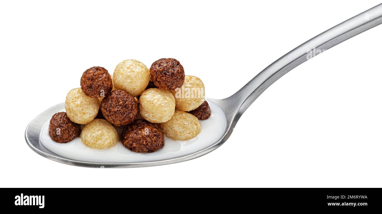Corn balls mix with milk isolated on white background Stock Photo - Alamy