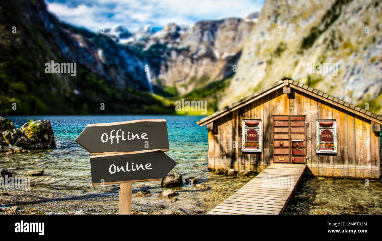 Street Sign to Online versus Offline Stock Photo - Alamy