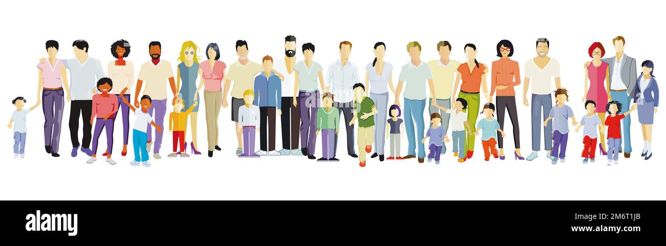 Parents and children, family groups isolated on white, illustration ...