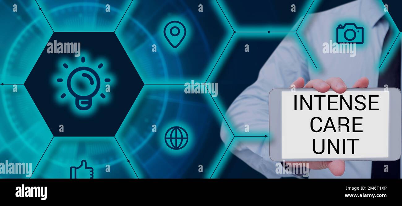 Sign displaying Intense Care Unit, Word Written on a unit in a hospital ...