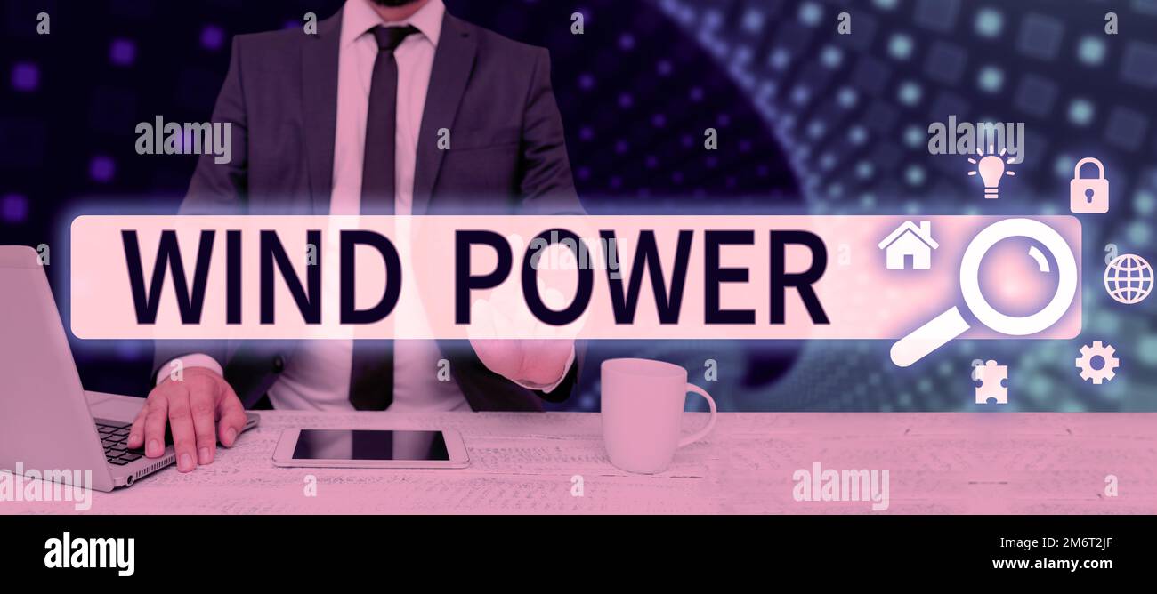 Writing displaying text Wind Power, Business approach use of air flow to provide mechanical ...