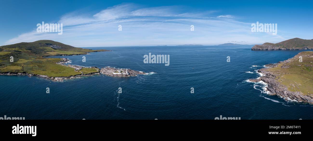 An aerial panorama of the coastal landscape of the Iveragh Peninsula ...