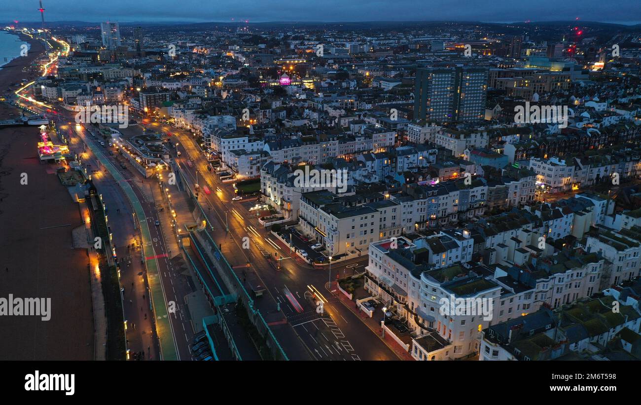 Aerial view of Brighton and Hove seafront at night Stock Photo - Alamy