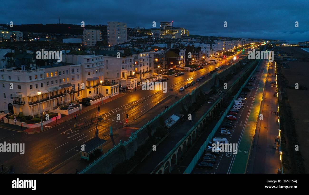 Aerial view of Brighton and Hove seafront at night Stock Photo - Alamy