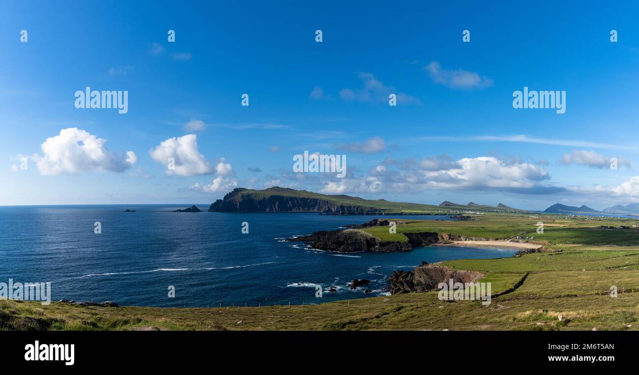 A panorama coastal landscape of the northern Dingle Peninsula with a ...