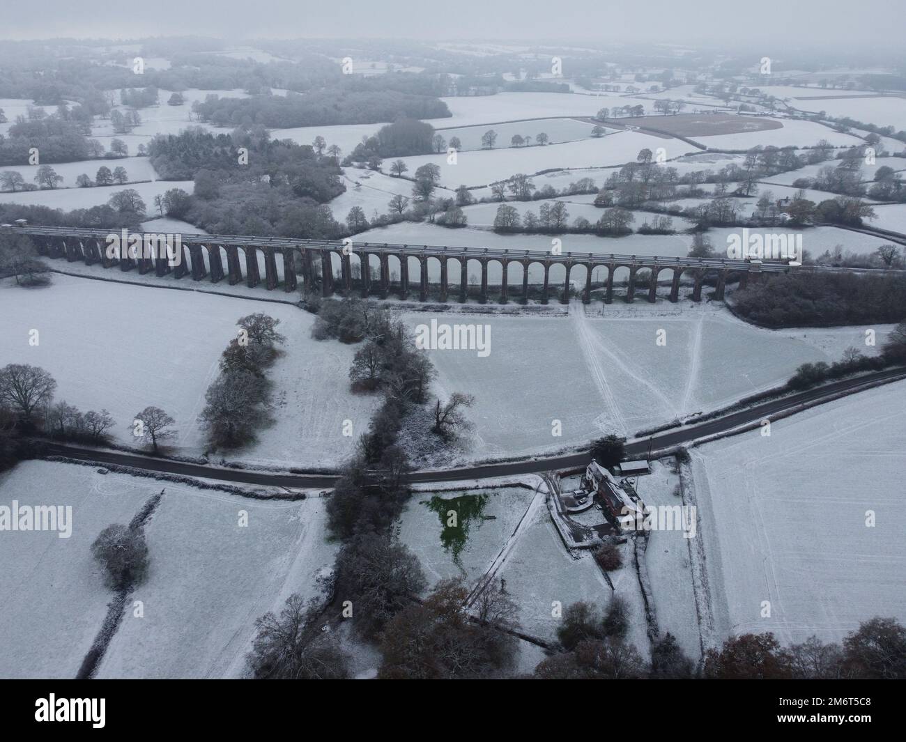 Aerial view of Ouse Valley Viaduct in the snow, winter 2022 Stock Photo ...