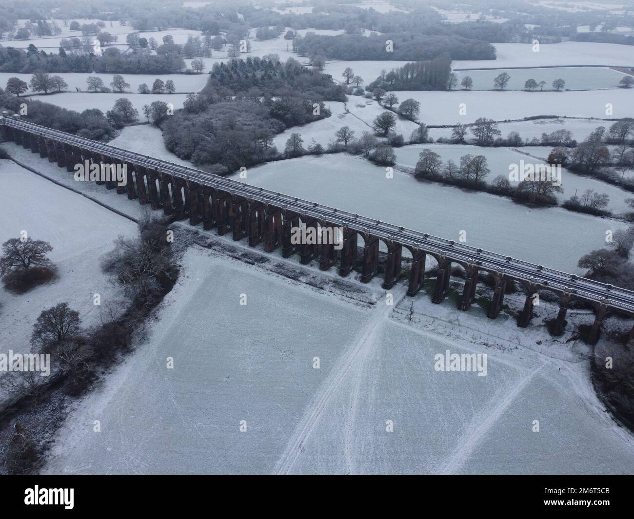 Aerial view of Ouse Valley Viaduct in the snow, winter 2022 Stock Photo ...