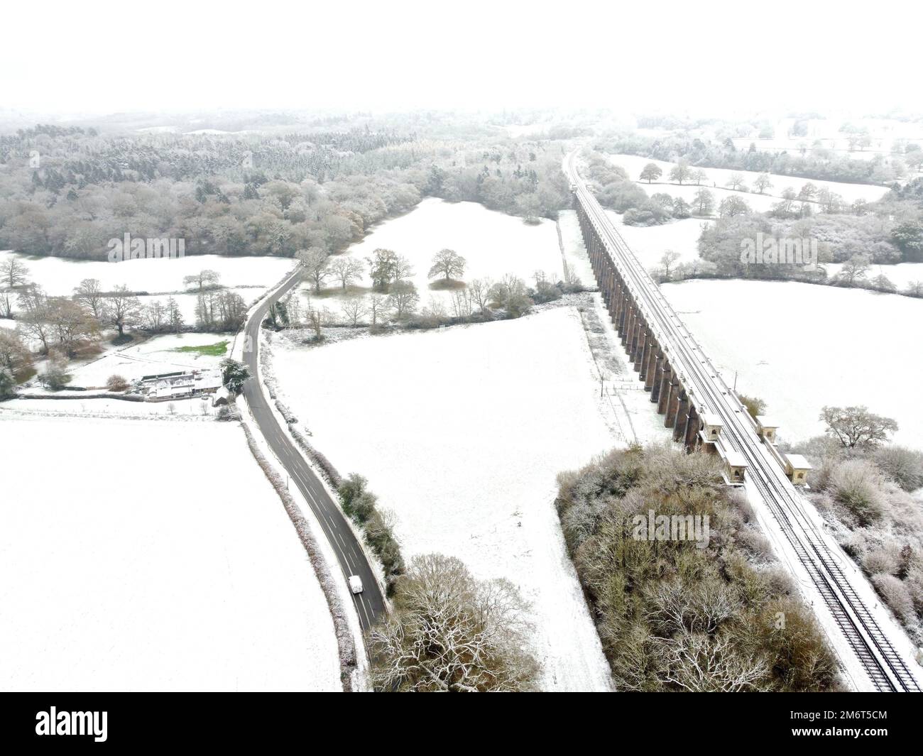 Aerial view of Ouse Valley Viaduct in the snow, winter 2022 Stock Photo ...