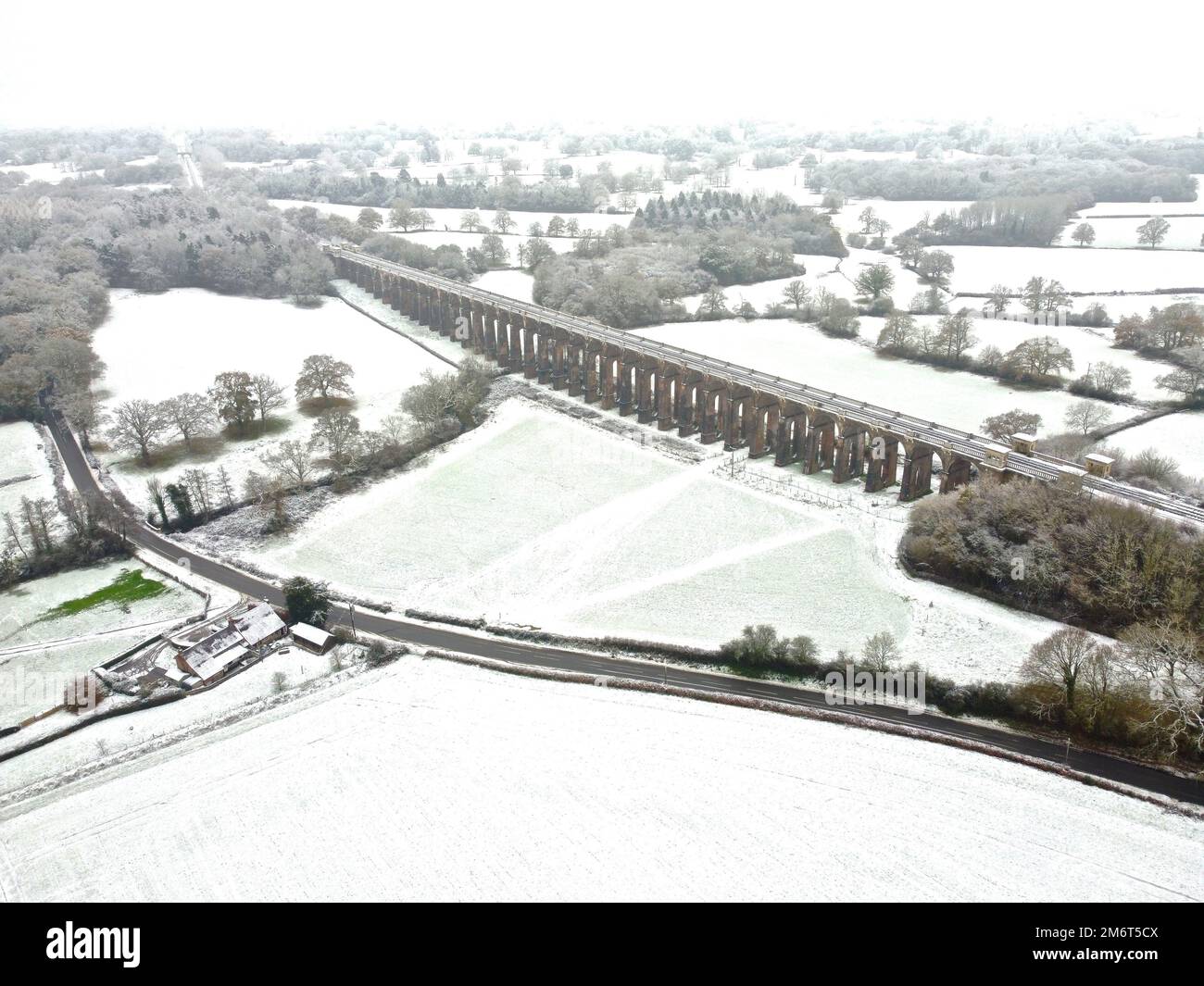 Aerial view of Ouse Valley Viaduct in the snow, winter 2022 Stock Photo ...
