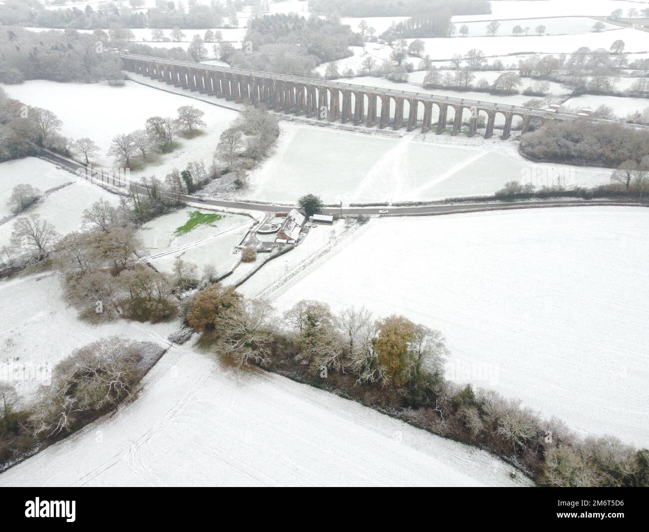 Aerial view of Ouse Valley Viaduct in the snow, winter 2022 Stock Photo ...