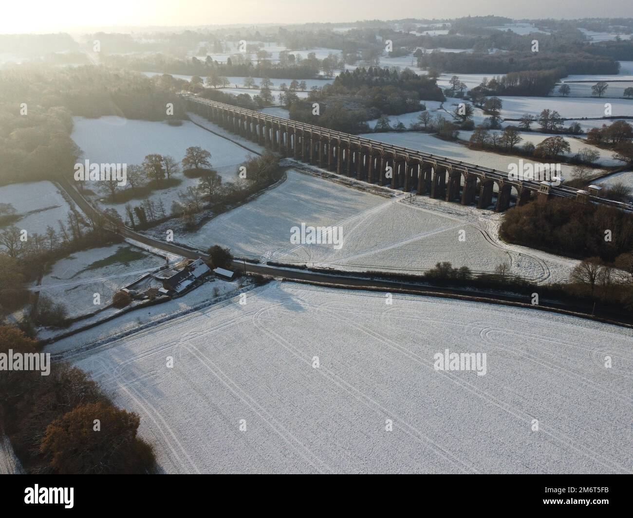 Aerial view of Ouse Valley Viaduct in the snow, winter 2022 Stock Photo ...