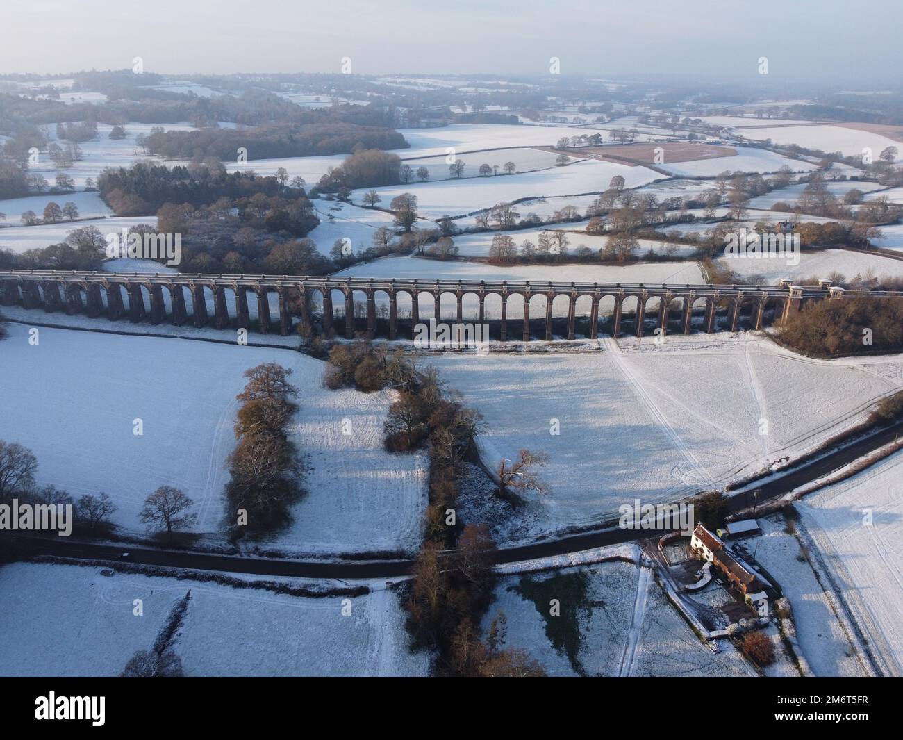 Aerial view of Ouse Valley Viaduct in the snow, winter 2022 Stock Photo ...