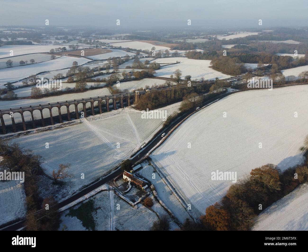 Aerial view of Ouse Valley Viaduct in the snow, winter 2022 Stock Photo ...