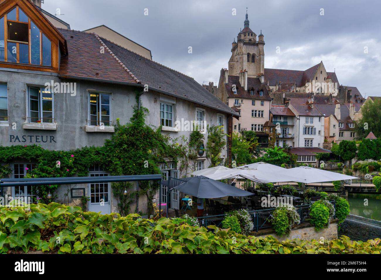 View of the city center of Dole with the Notre Dame Church and the ...