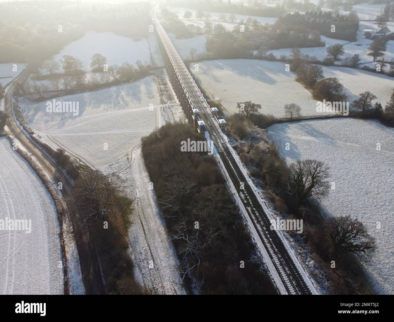 Aerial view of Ouse Valley Viaduct in the snow, winter 2022 Stock Photo ...