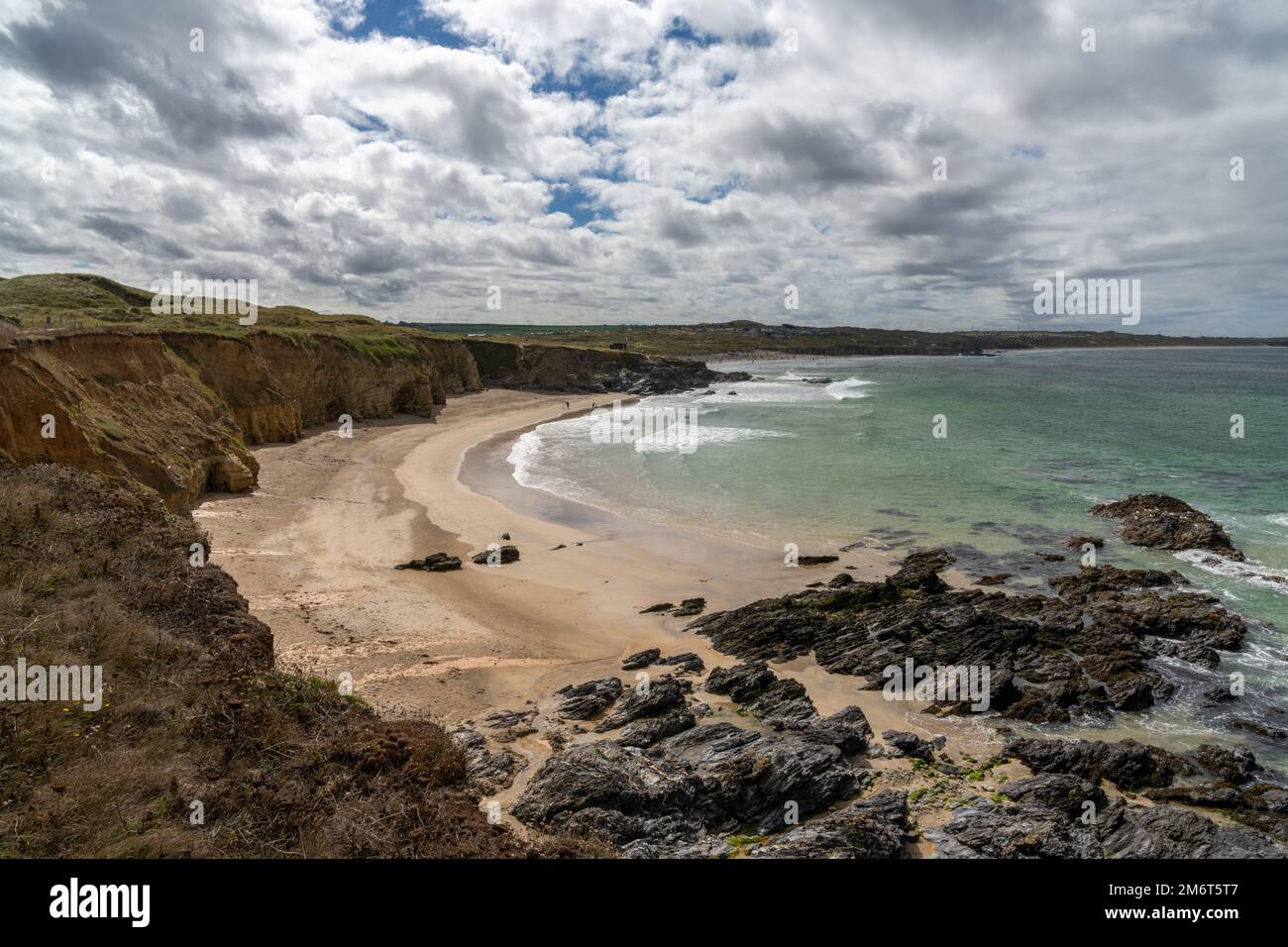A view of the beautiful golden sand beach at Gwithian with tropical ...