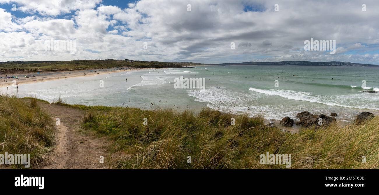 Panorama landscape of a sandy footpath leading through sand dunes to ...