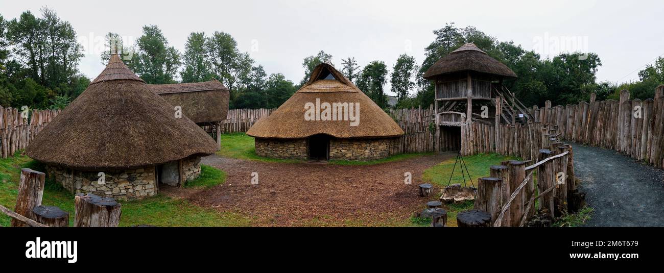 Panorama view of a reconstructed early medieval ringfort in the Irish ...