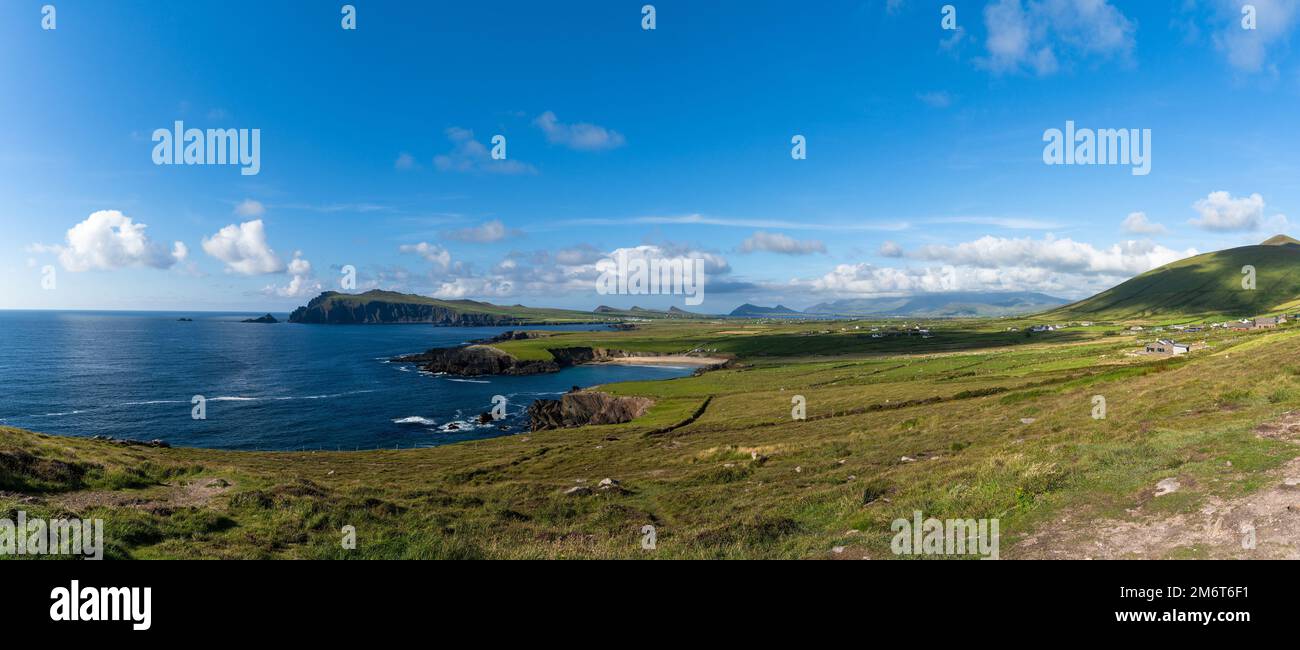 A panorama coastal landscape of the northern Dingle Peninsula with a ...