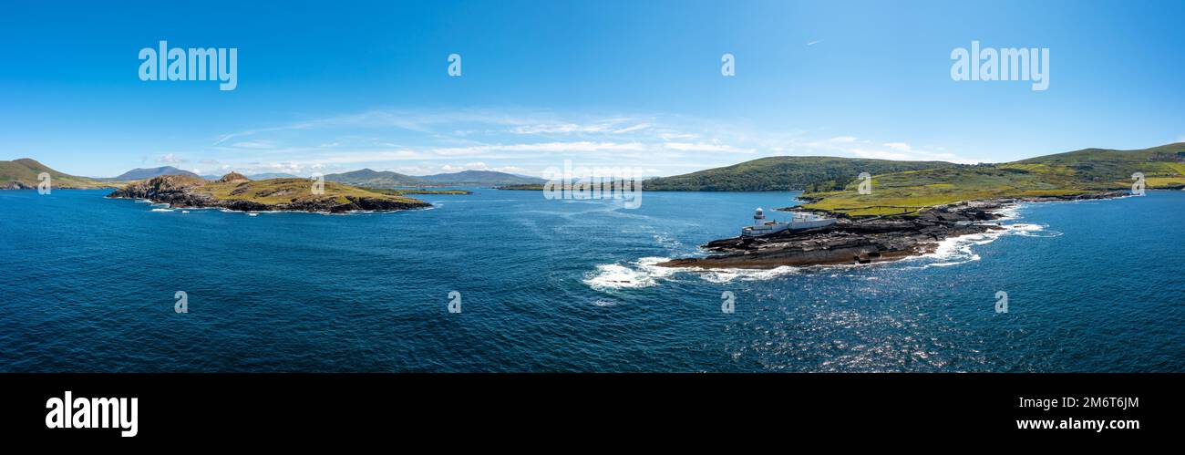 An aerial panorama of the coastal landscape of the Iveragh Peninsula ...