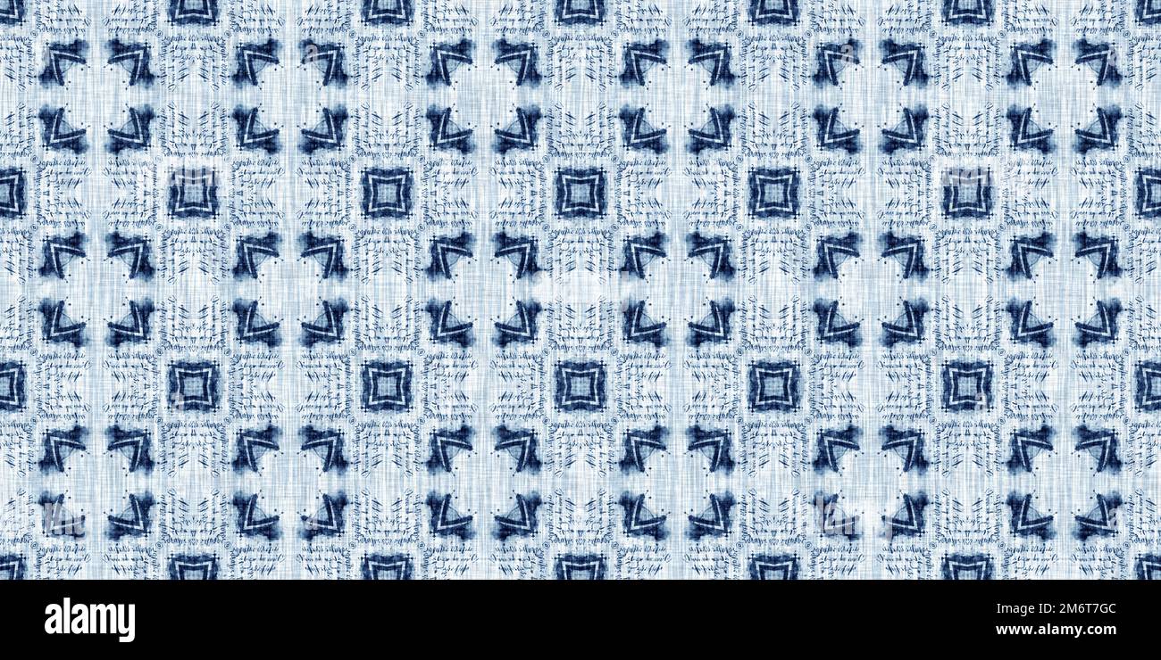 Indigo dye wash coastal damask seamless border pattern. Washed out ...