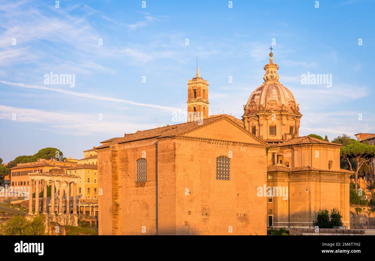 Sunrise light with blue sky on Roman ancient architecture in Rome ...