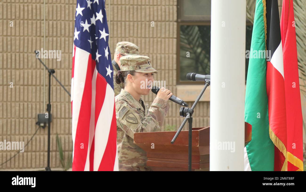 1st Lt. Jessica Messina sings the United States National Anthem during ...