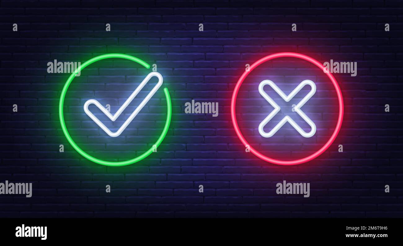 Cancel and Check mark neon sign ok, yes on brick wall background ... Cancel and Check mark neon sign ok, yes on brick wall background ...