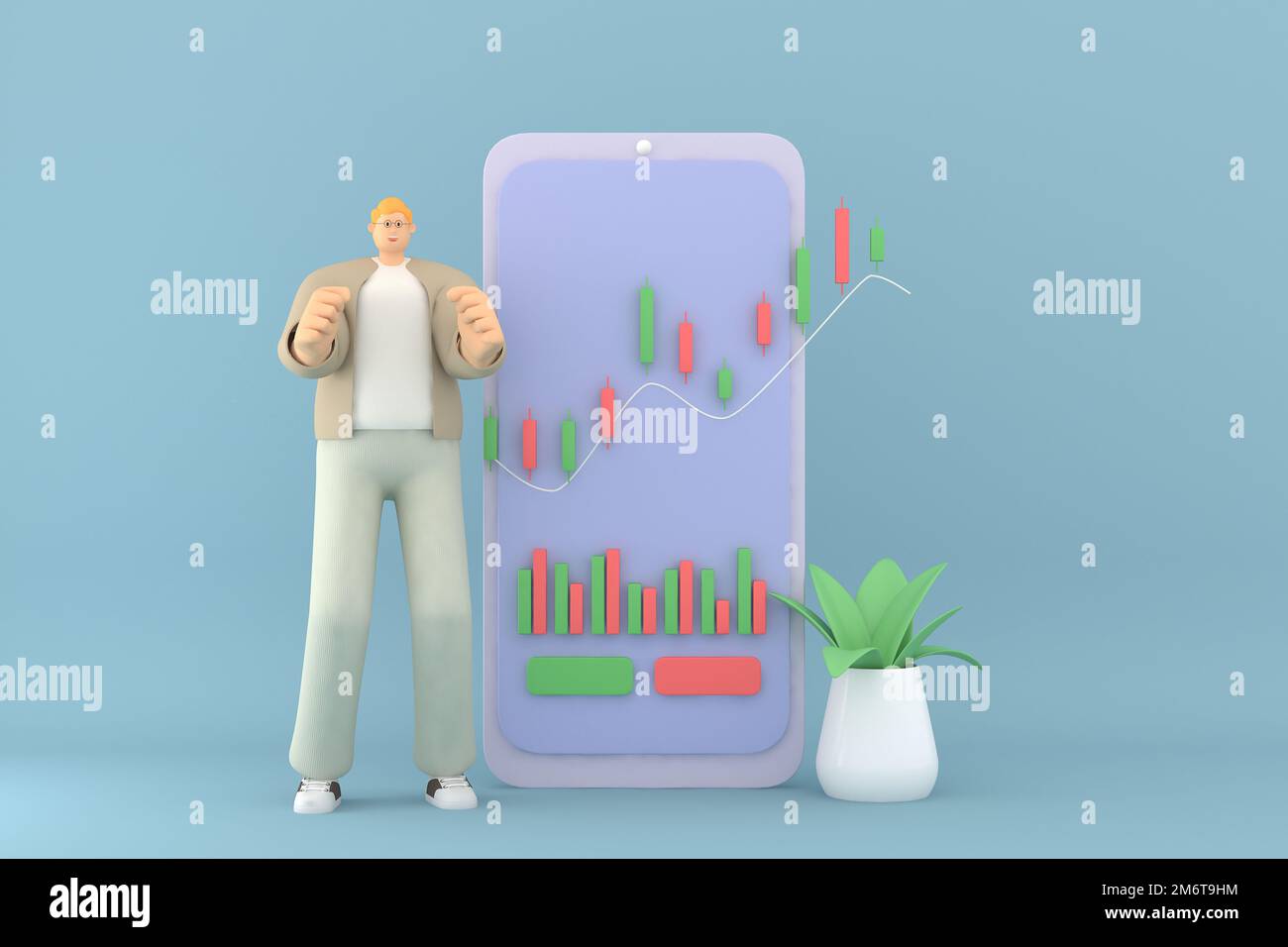 A male character presentation the infographic on mobile screen. 3d ...