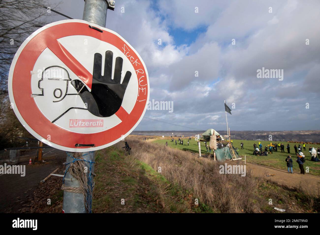 Warning sign, in the background the Garzweiler opencast mine, general ...