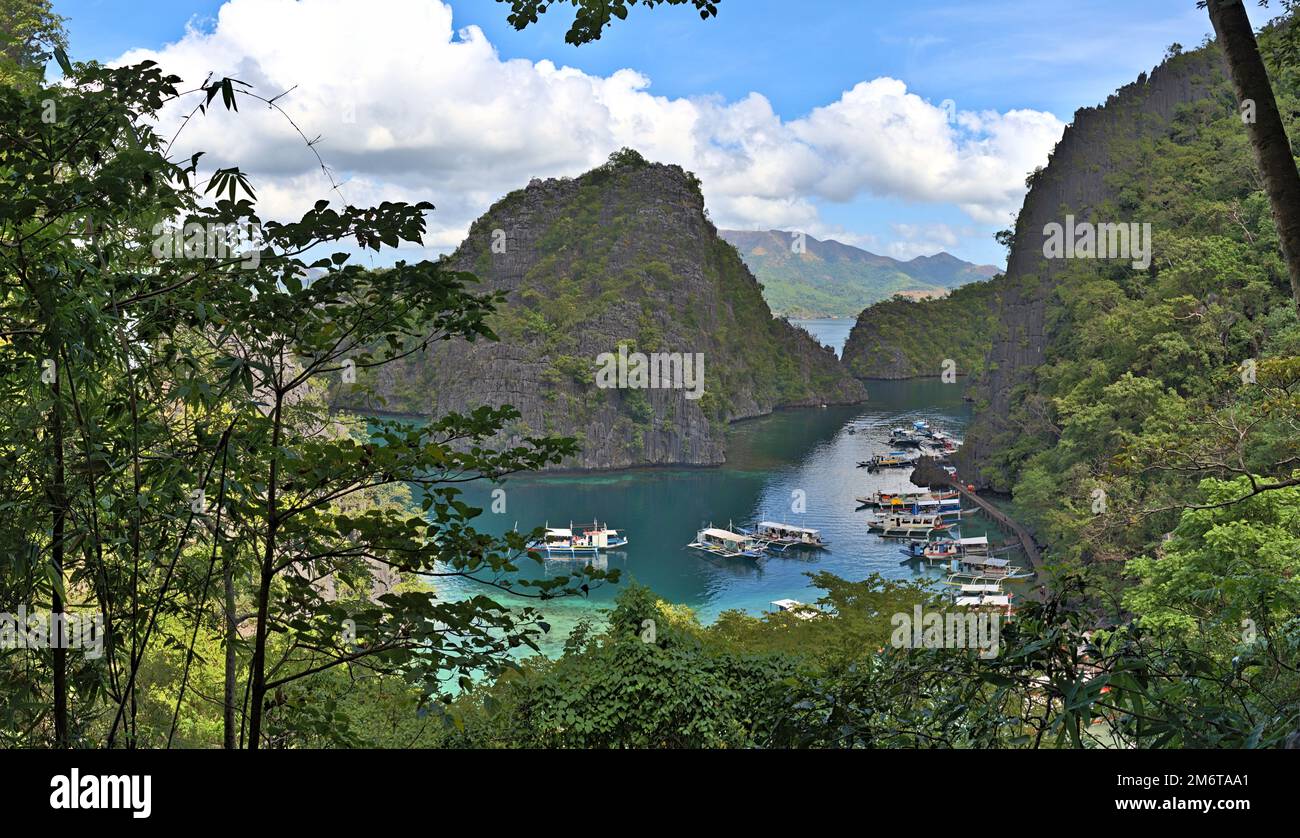 Coron Island Lagoon with tourist boats at the pier from top Stock Photo ...
