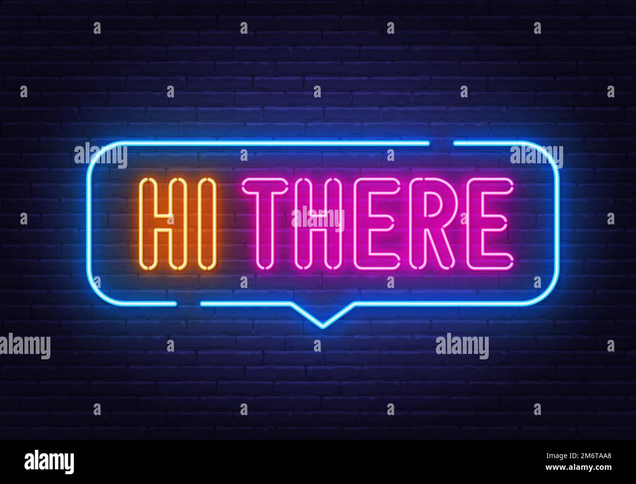 Hi There neon sign in the speech bubble on brick wall background Stock ...