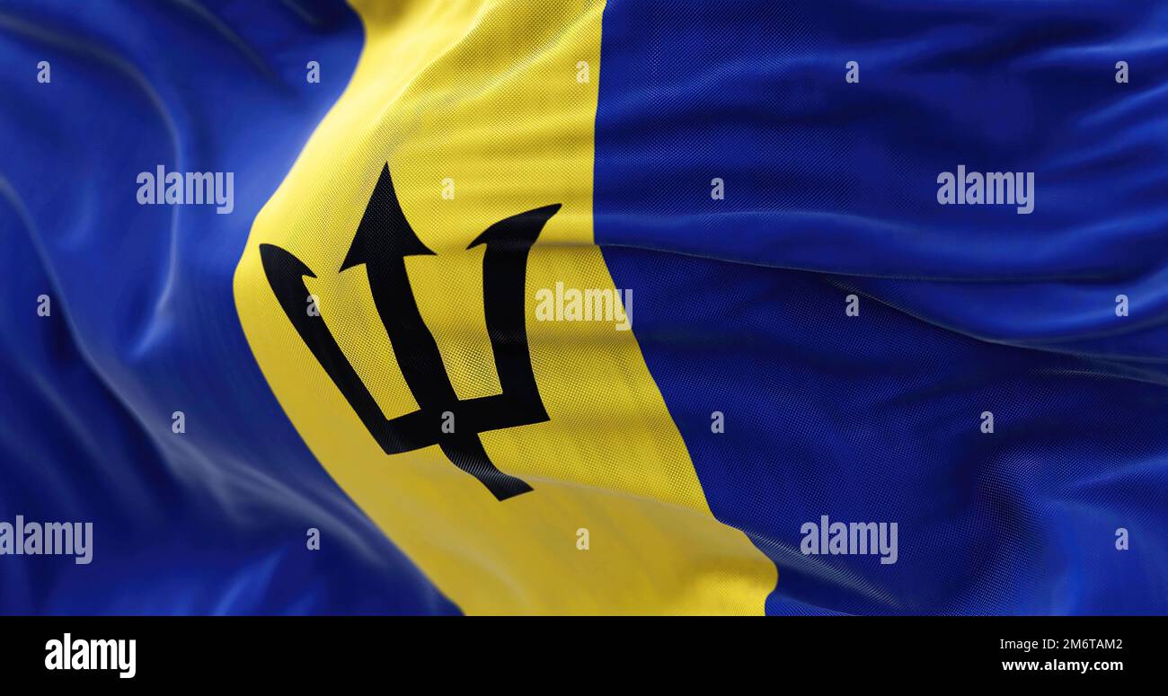 Close-up view of the Barbados national flag waving in the wind Stock ...
