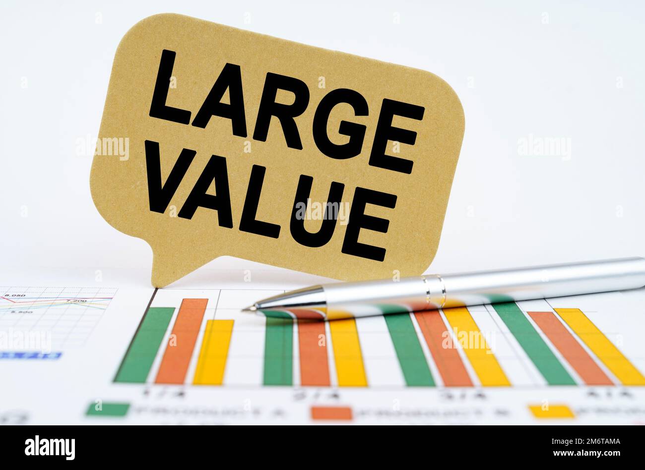 Business concept. On the financial charts lies a pen and a sign with ...