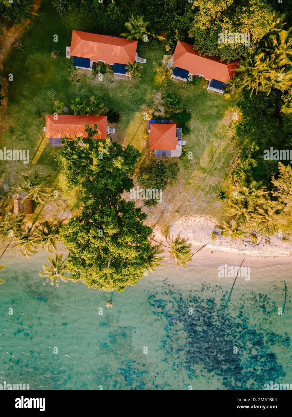 Turquoise colored ocean with palm trees from above at the Island of Koh ...