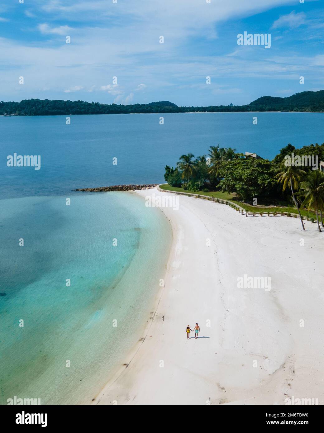 Drone aerial view couple men and women on a tropical beach in Thailand ...