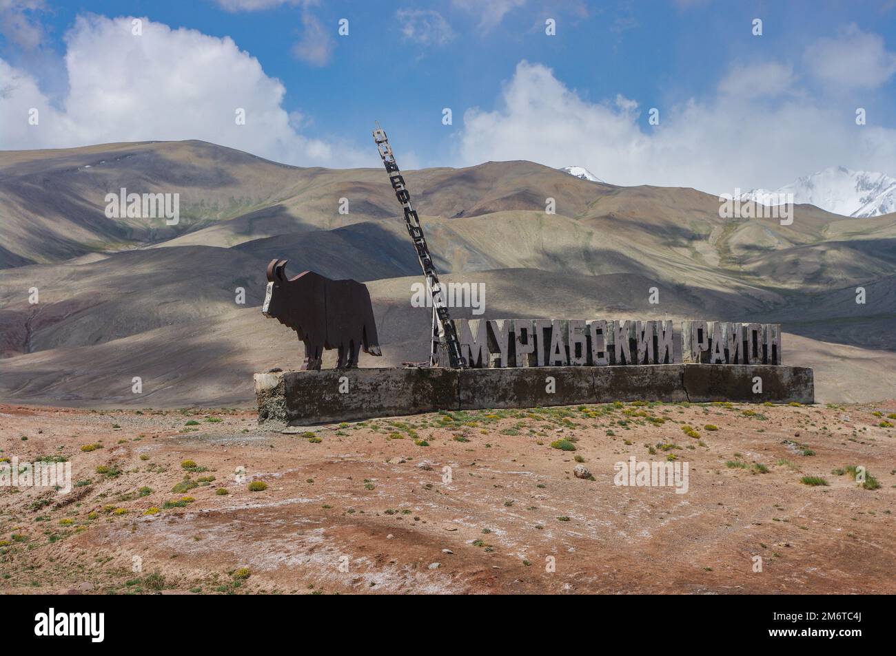 Welcome to Murghab monument with yak on Pamir Highway near Kyrgyzstan ...