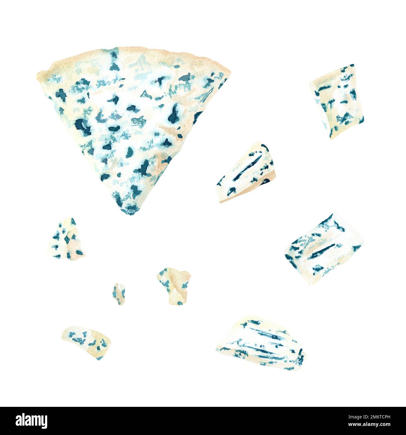 Blue sheese triangle, crumbs and slices set. Watercolor food ...