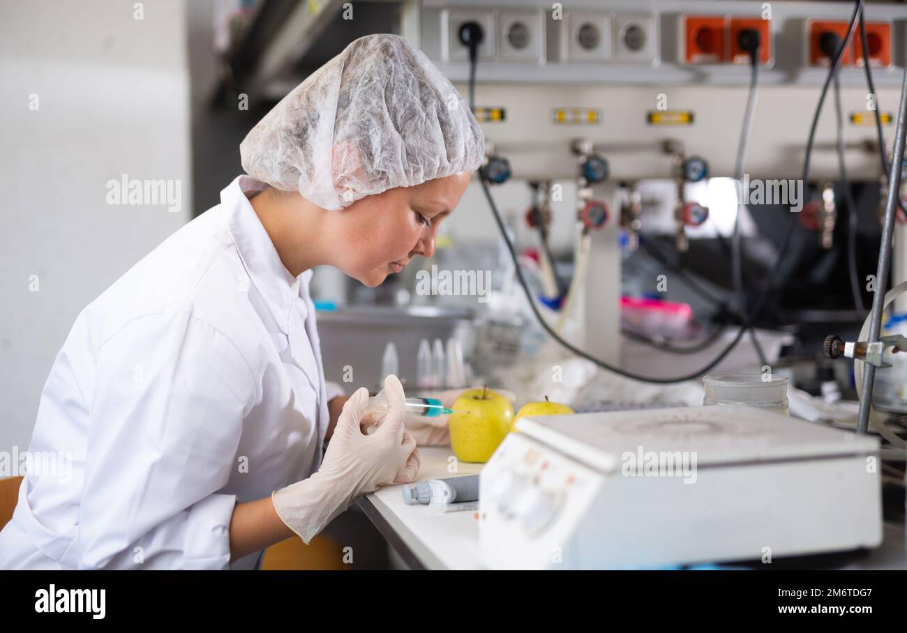 Female geneticist working in laboratory, injecting additives into apple ...