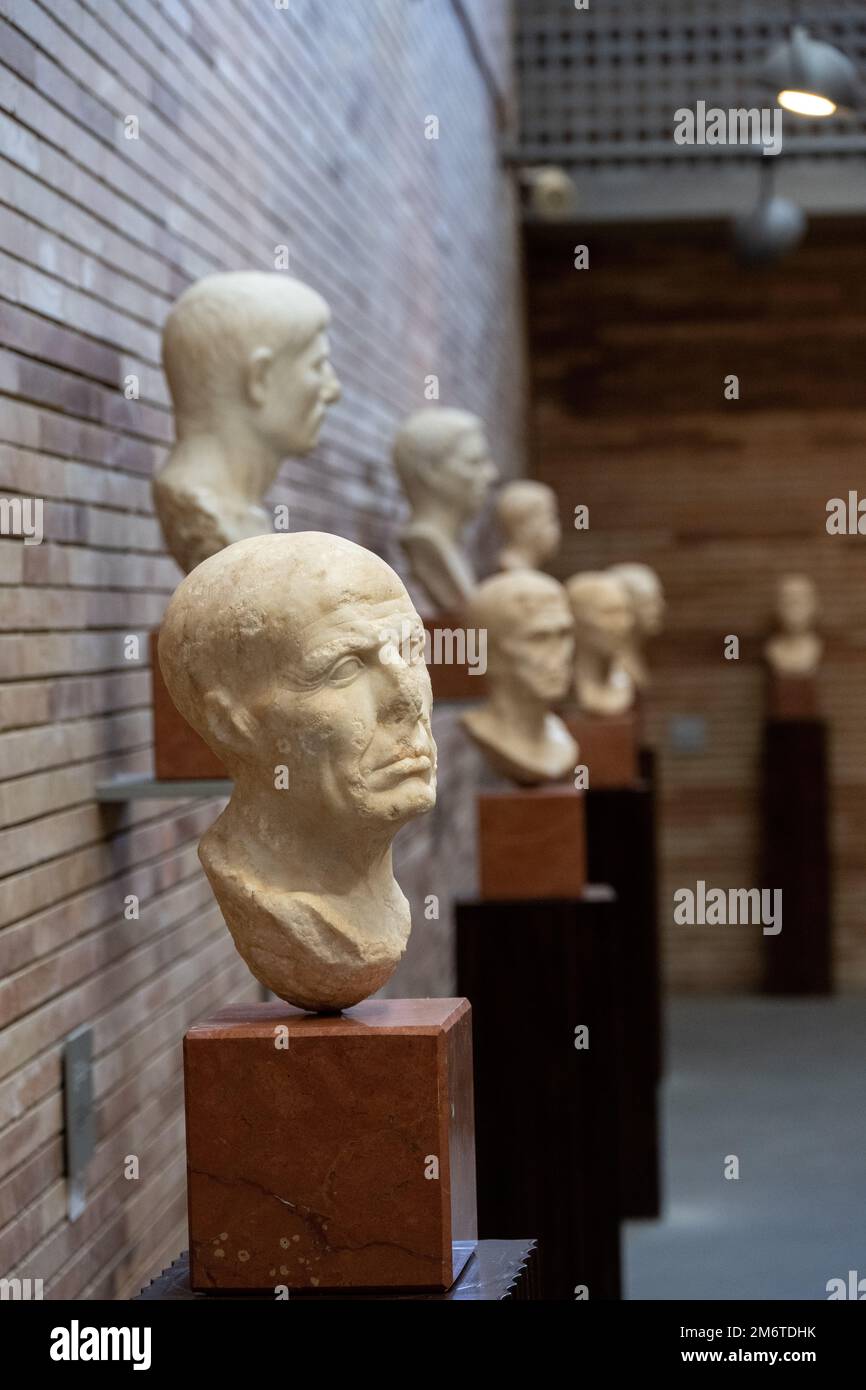Merida, Spain - 28 Dec 23: A collection of Roman busts on display at ...