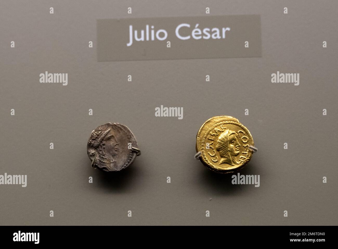 Merida, Spain - 28 Dec 23: a collection of Roman coins on display at ...