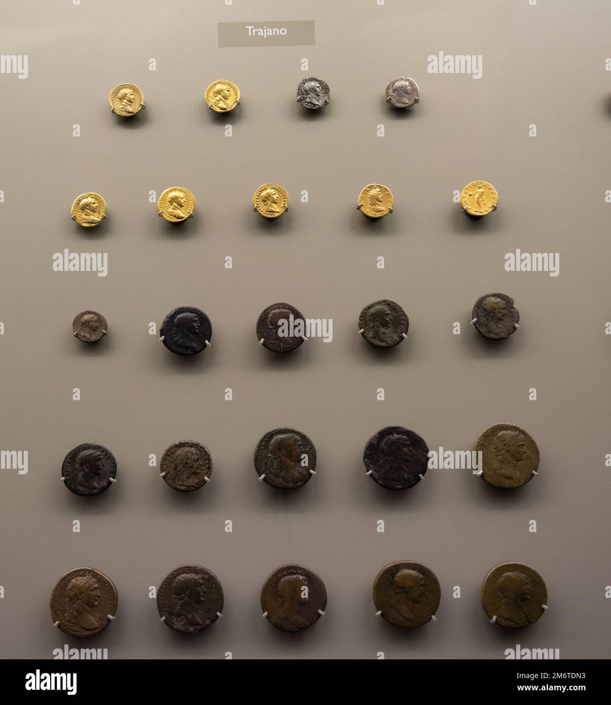 Merida, Spain - 28 Dec 23: a collection of Roman coins on display at ...