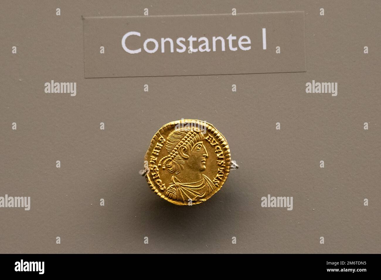 Merida, Spain - 28 Dec 23: a collection of Roman coins on display at ...