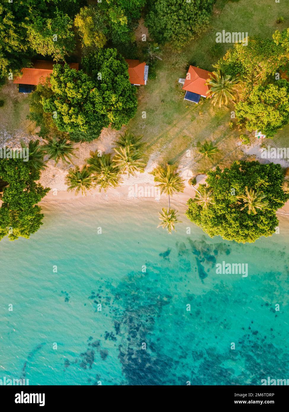 Aerial drone view of the tropical Island of Koh Mak Thailand with blue ...